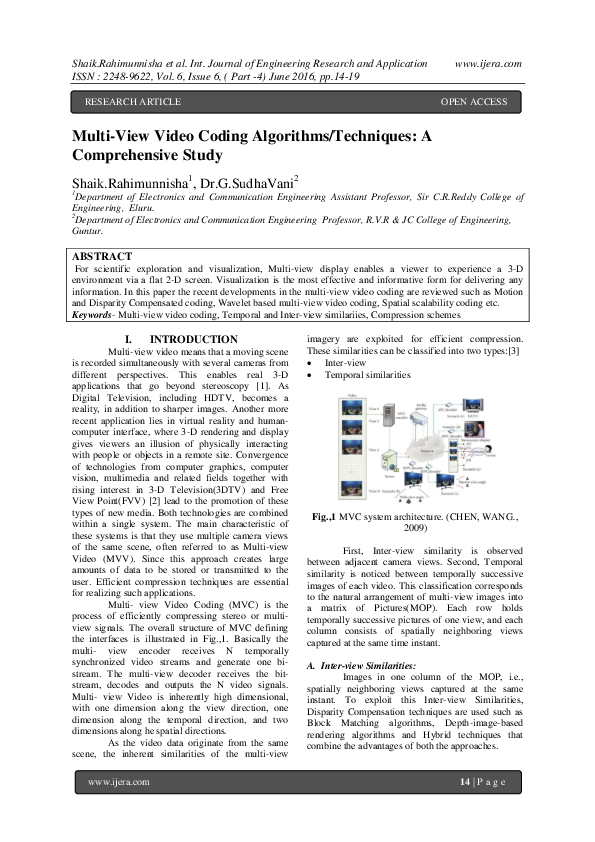 (PDF) Multi-View Video Coding Algorithms/Techniques: A Comprehensive Study | IJERA Journal ...
