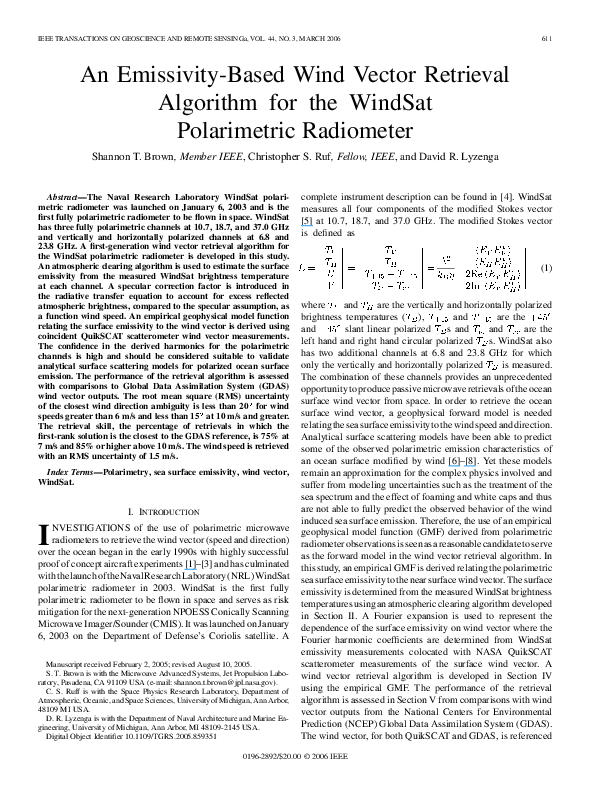 Pdf An Emissivity Based Wind Vector Retrieval Algorithm For The