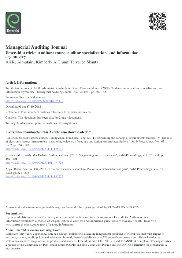 (PDF) Auditor tenure, auditor specialization, and information asymmetry