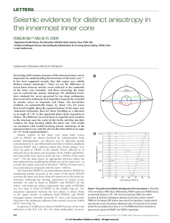 (PDF) Inner Core Anisotropy from Seismic Wave Travel