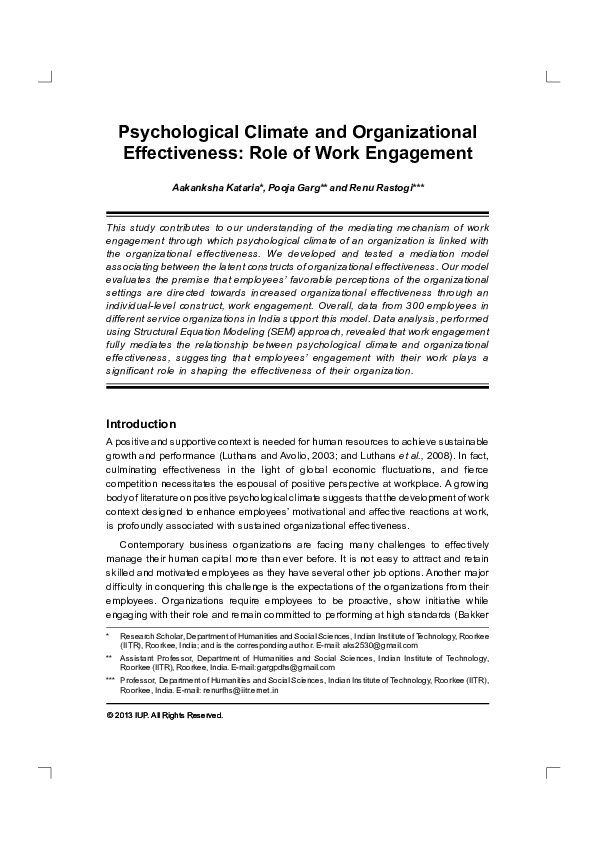 (PDF) Psychological Climate and Organizational Effectiveness: Role of ...