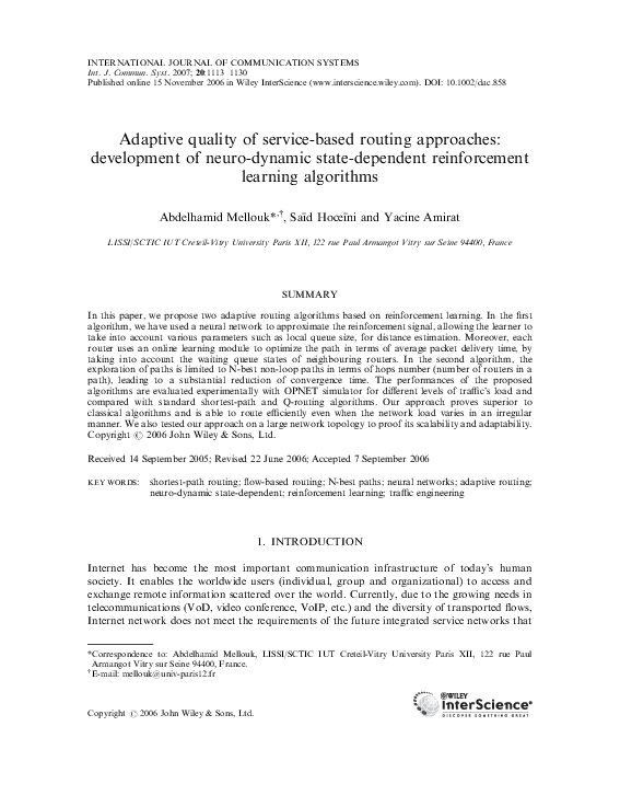 Adaptive quality of service-based routing approaches: development of neuro-dynamic state ...