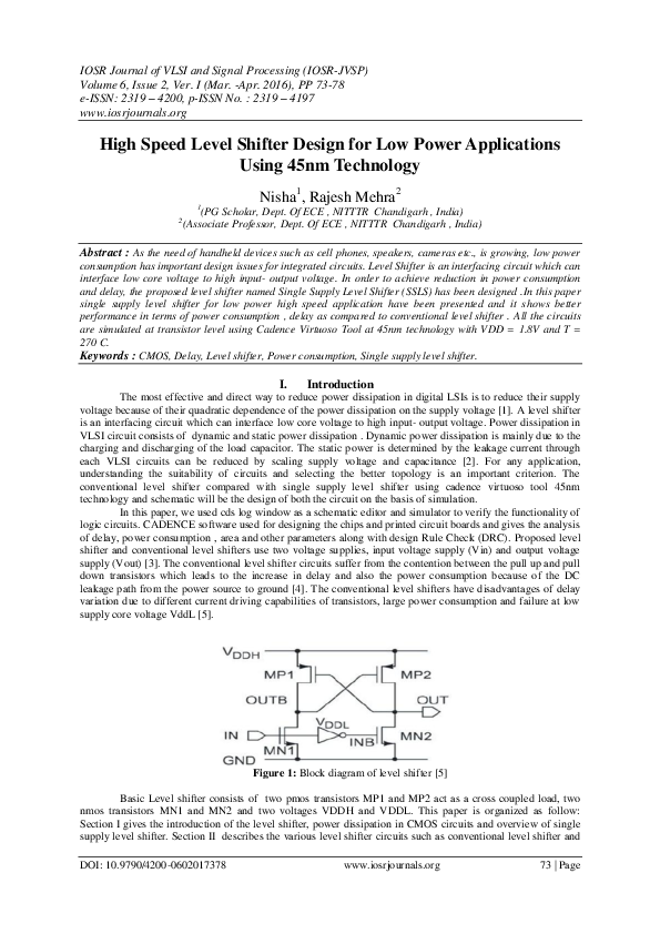 (PDF) High Speed Level Shifter Design for Low Power Applications Using 45nm Technology
