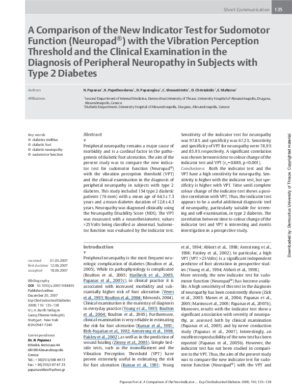 Pdf Test Retest Reliability Of Vibration Perception Threshold Test In