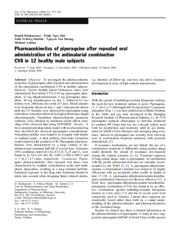 (PDF) Pharmacokinetics of piperaquine after repeated oral administration of the antimalarial ...