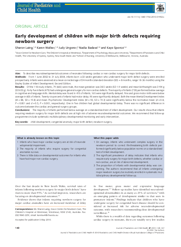(PDF) Early development of children with major birth defects requiring ...