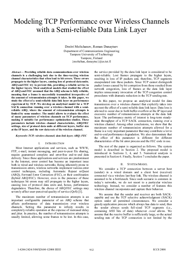 (PDF) Modeling TCP performance over wireless channels with a semi-reliable data link layer