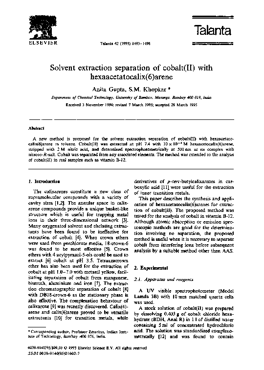 Pdf Solvent Extraction Separation Of Cobalt Ii With Hexaacetatocalix 6 Arene Anita Gupta