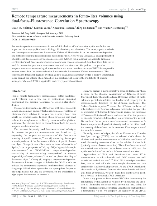 Pdf Remote Temperature Measurements In Femto Liter Volumes Using Dual Focus Fluorescence