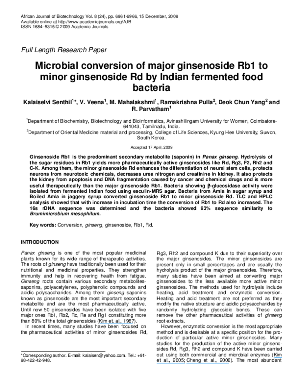 (PDF) Microbial conversion of major ginsenoside Rb1 to minor ...