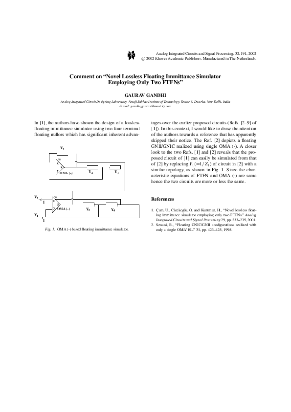(PDF) Comment on “Novel Lossless Floating Immittance Simulator Employing Only Two FTFNs