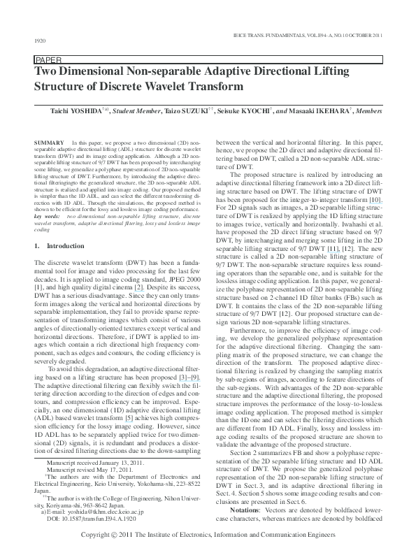 (PDF) Two Dimensional Nonseparable Adaptive Directional Lifting Structure of Discrete Wavelet ...