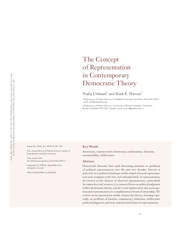 (PDF) The Concept of Representation in Contemporary Democratic Theory