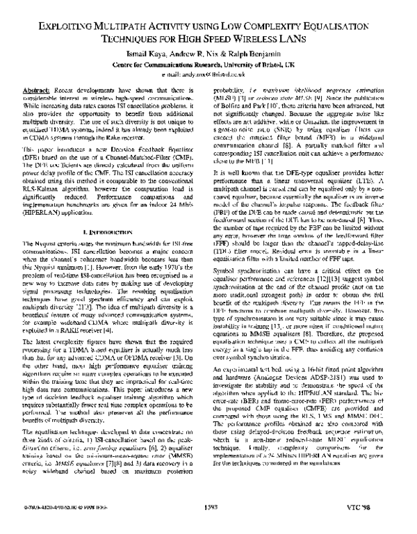 Pdf Exploiting Multipath Activity Using Low Complexity Equalisation
