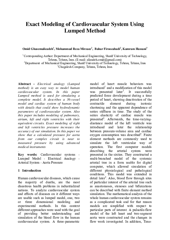 Pdf Exact Modeling Of Cardiovascular System Using Lumped Method