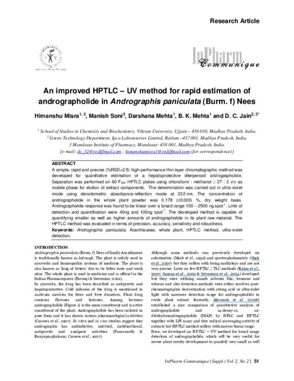 Pdf An Improved Hptlc Uv Method For Rapid Estimation Of Andrographolide In Andrographis