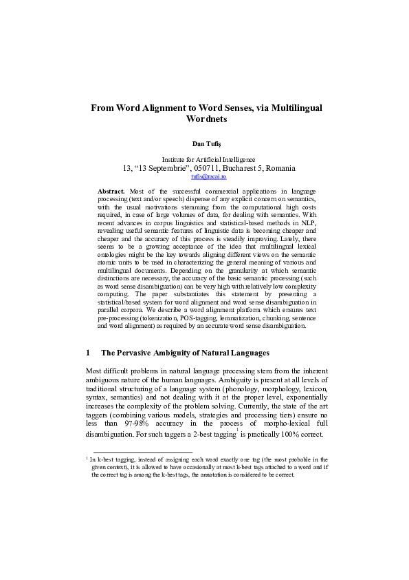(PDF) From Word Alignment to Word Senses, via Multilingual Wordnets