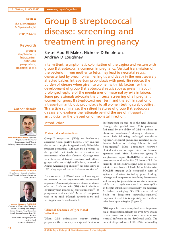 (PDF) Group B streptococcal disease: screening and treatment in pregnancy
