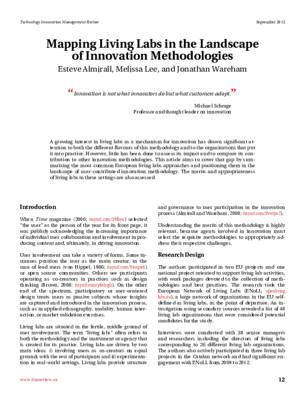 (PDF) Mapping Living Labs in the Landscape of Innovation Methodologies
