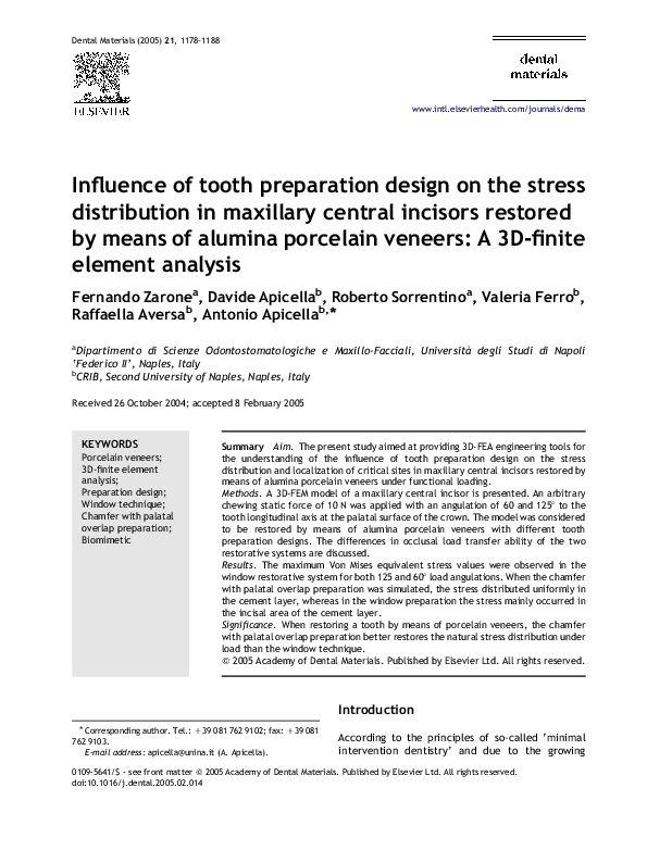 Pdf Influence Of Tooth Preparation Design On The Stress Distribution In Maxillary Central