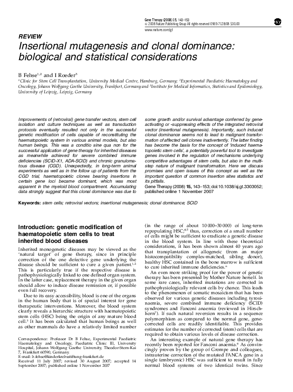 (PDF) Insertional mutagenesis and clonal dominance: biological and ...