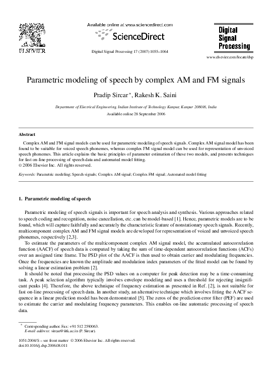 (PDF) Parametric modeling of speech by complex AM and FM signals