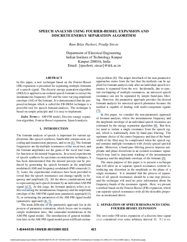 Pdf Speech Analysis Using Fourier Bessel Expansion And Discrete Energy Separation Algorithm