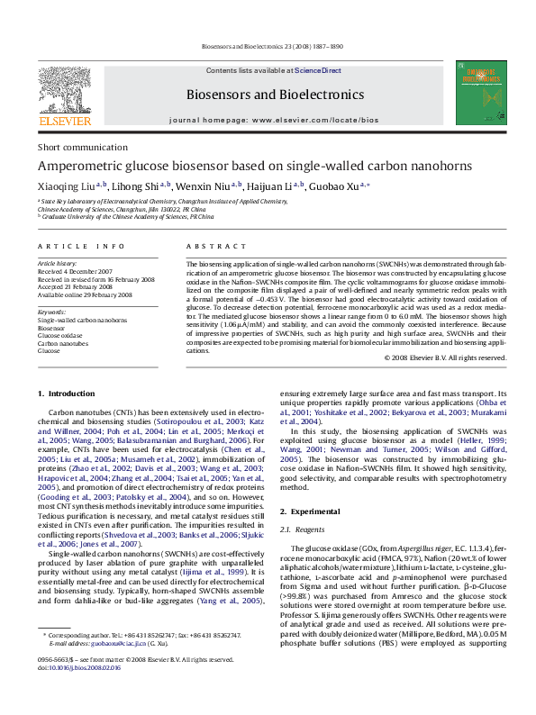 Pdf Amperometric Glucose Biosensor Based On Single Walled Carbon Nanohorns