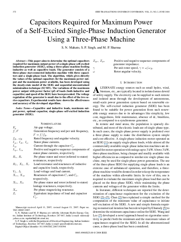 (PDF) Capacitors Required for Maximum Power of a Self-Excited Single-Phase Induction Generator ...