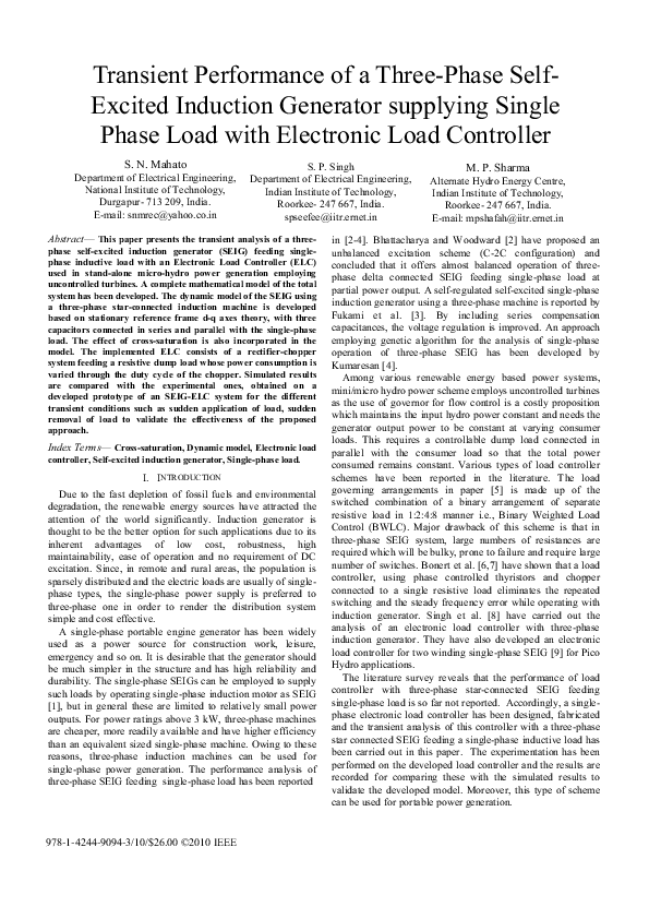 Pdf Transient Performance Of A Three Phase Self Excited Induction Generator Supplying Single
