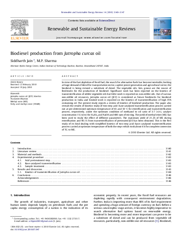 (PDF) Biodiesel production from Jatropha curcas oil