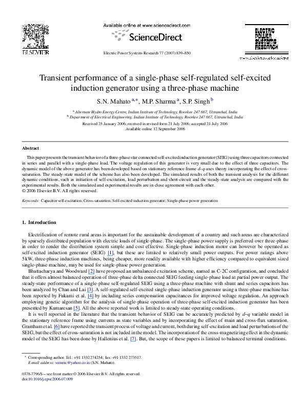 (PDF) Transient Analysis of a Single-Phase Self-Excited Induction Generator using a Three-Phase ...