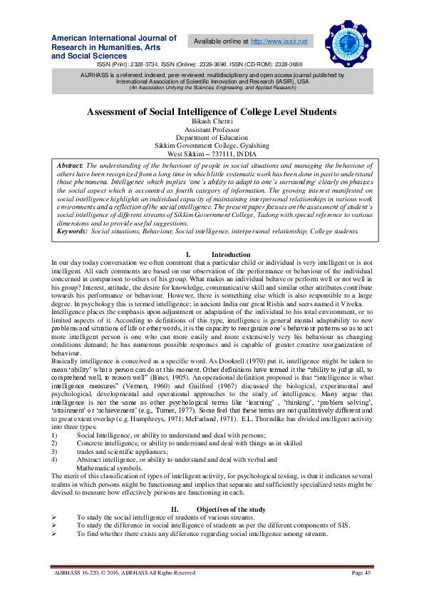 (PDF) Assessment of Social Intelligence of College Level Students