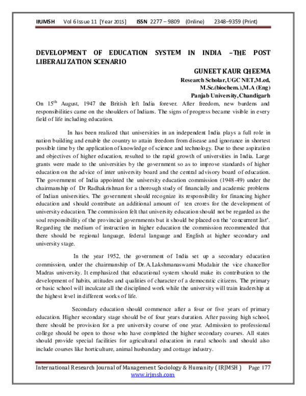 (PDF) DEVELOPMENT OF EDUCATION SYSTEM IN INDIA –THE POST LIBERALIZATION ...