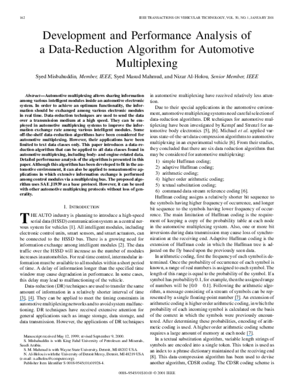 Pdf Development And Performance Analysis Of A Data Reduction Algorithm For Automotive Multiplexing