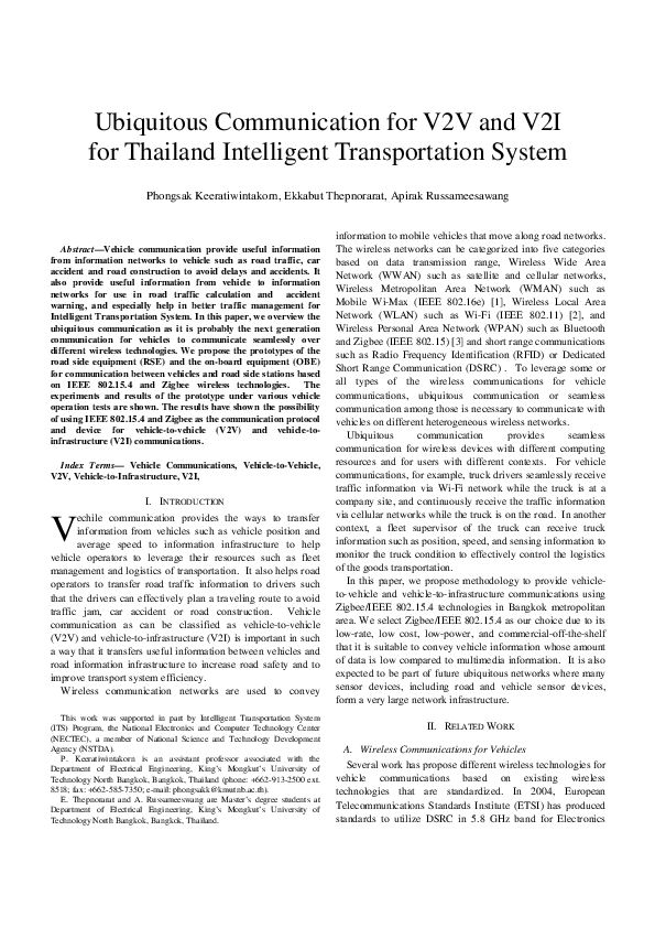 (PDF) Ubiquitous Communication for V2V and V2I for Thailand Intelligent ...