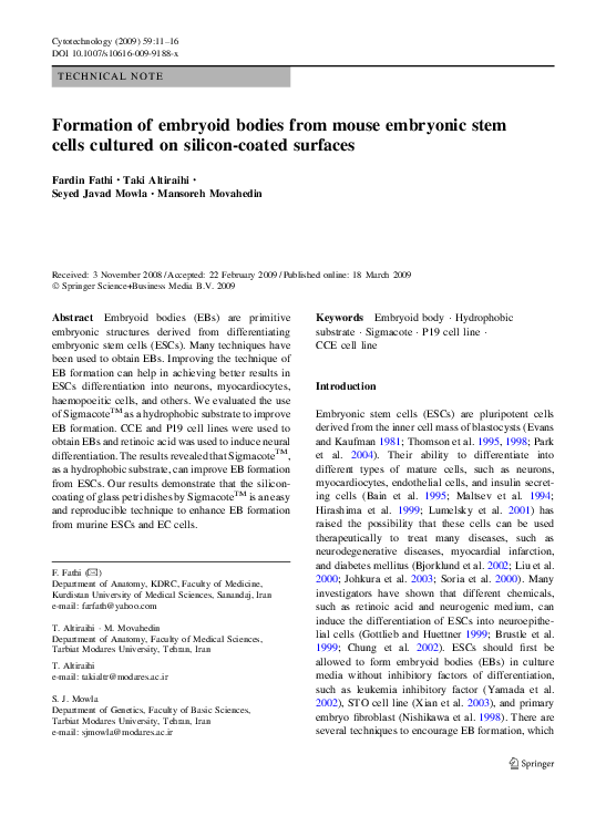 (PDF) Formation of embryoid bodies from mouse embryonic stem cells ...