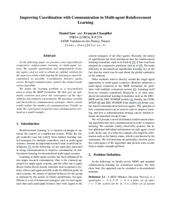 Pdf Improving Coordination With Communication In Multi Agent Reinforcement Learning