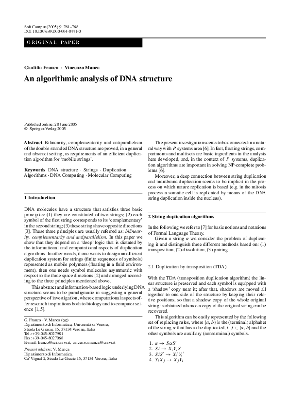 (PDF) An algorithmic analysis of DNA structure