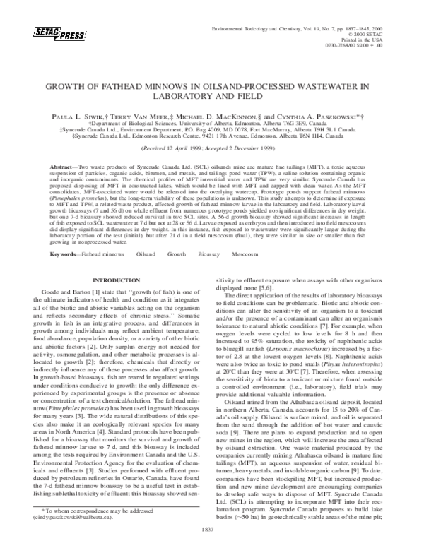 (PDF) Growth of Fathead Minnows in Oilsand-Processed Wastewater in ...