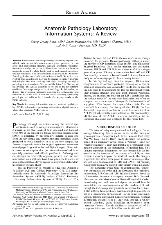 (PDF) Anatomic Pathology Laboratory Information Systems