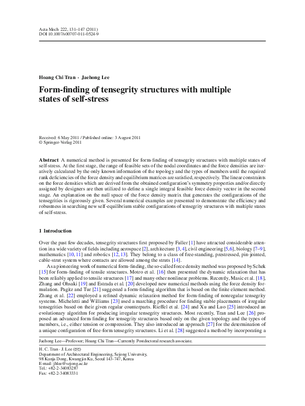 Pdf Form Finding Of Tensegrity Structures With Multiple States Of Self Stress