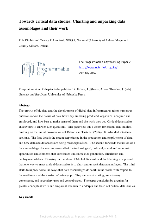 (PDF) Towards critical data studies: Charting and unpacking data assemblages and their work