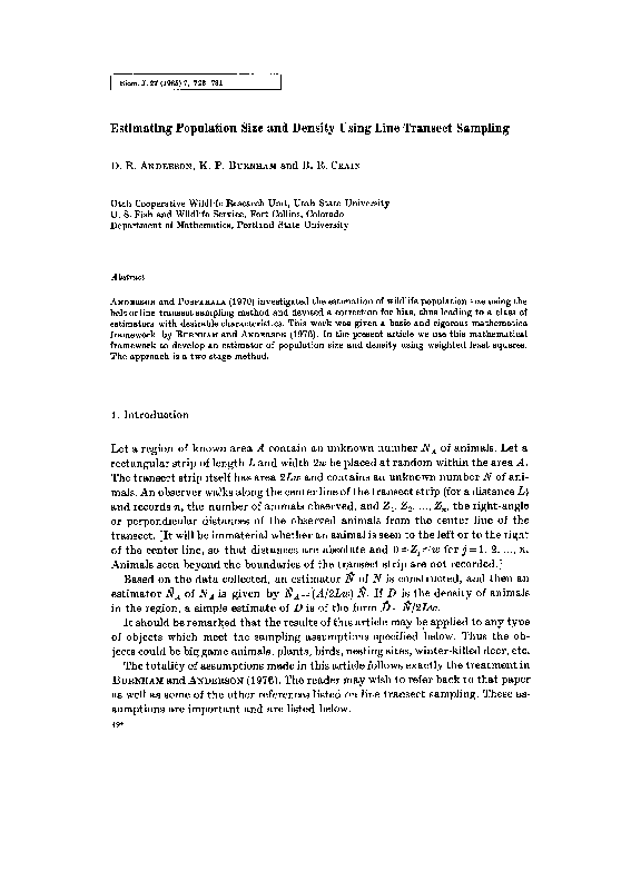 Pdf Estimating Population Size And Density Using Line Transect Sampling