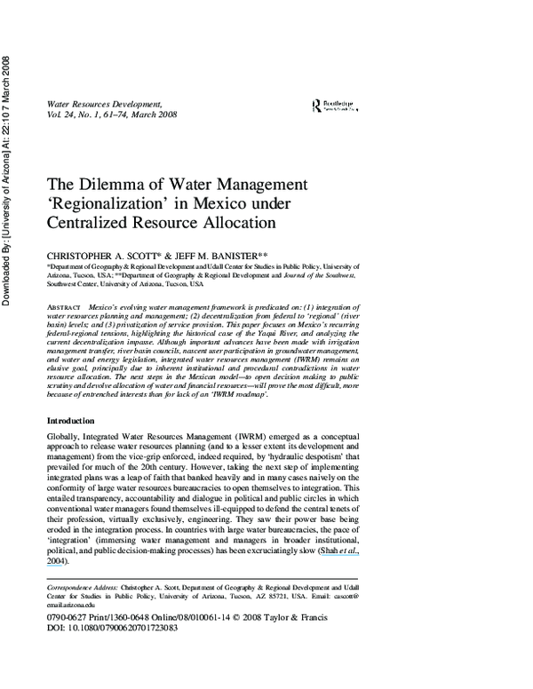 (PDF) The Dilemma of Water Management ‘Regionalization’ in Mexico under Centralized Resource ...