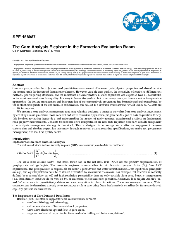 (PDF) SPE 158087 The Core Analysis Elephant in the Formation Evaluation ...