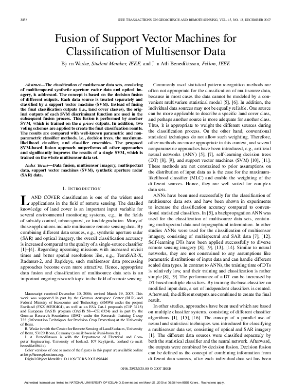 Pdf Fusion Of Support Vector Machines For Classification Of Multisensor Data Jón Atli