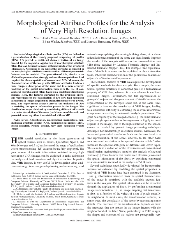 (PDF) Morphological Attribute Profiles for the Analysis of Very High Resolution Images