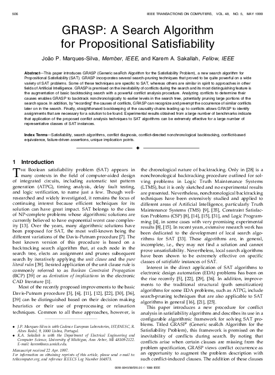 (PDF) GRASP: A search algorithm for propositional satisfiability