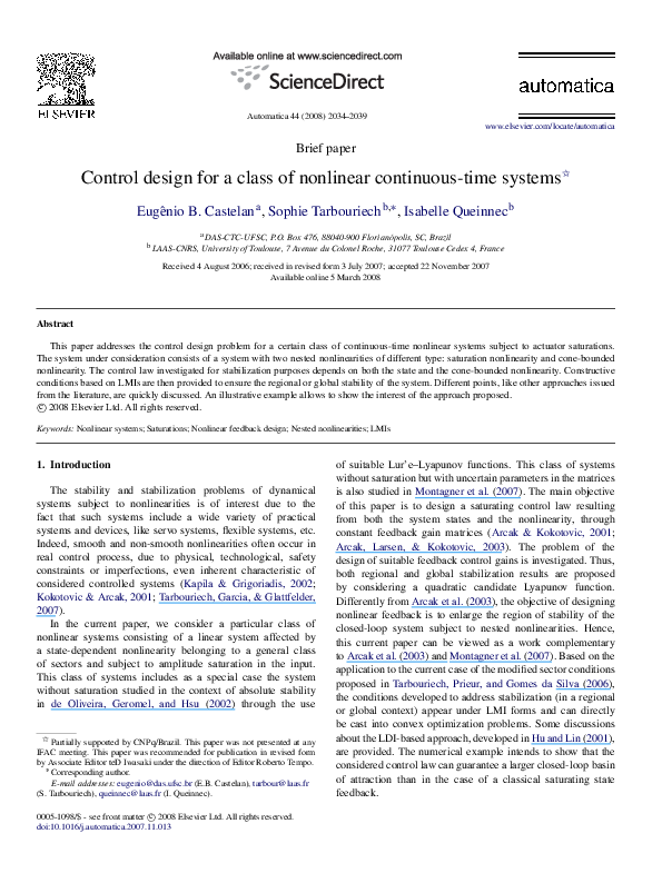 (PDF) Control design for a class of nonlinear continuous-time systems | Eugênio Castelan ...